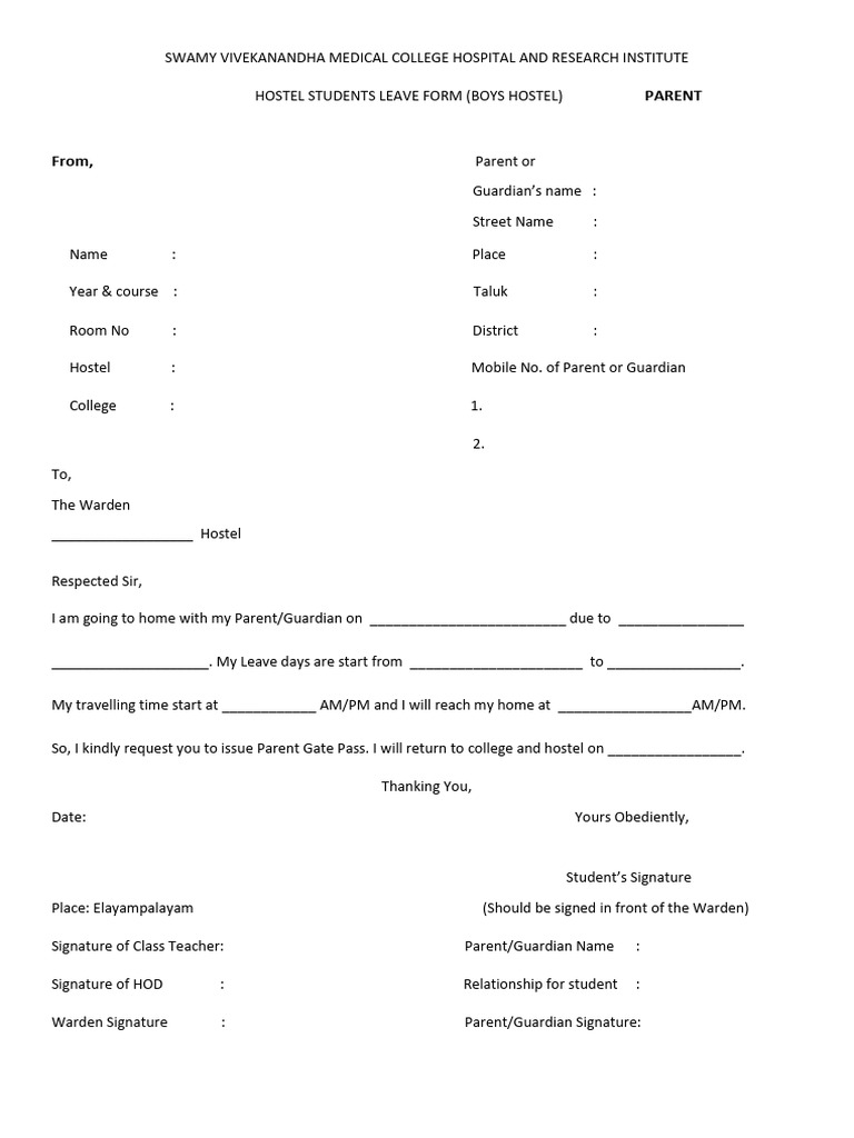 Boys Hostel Leave Form Template | PDF