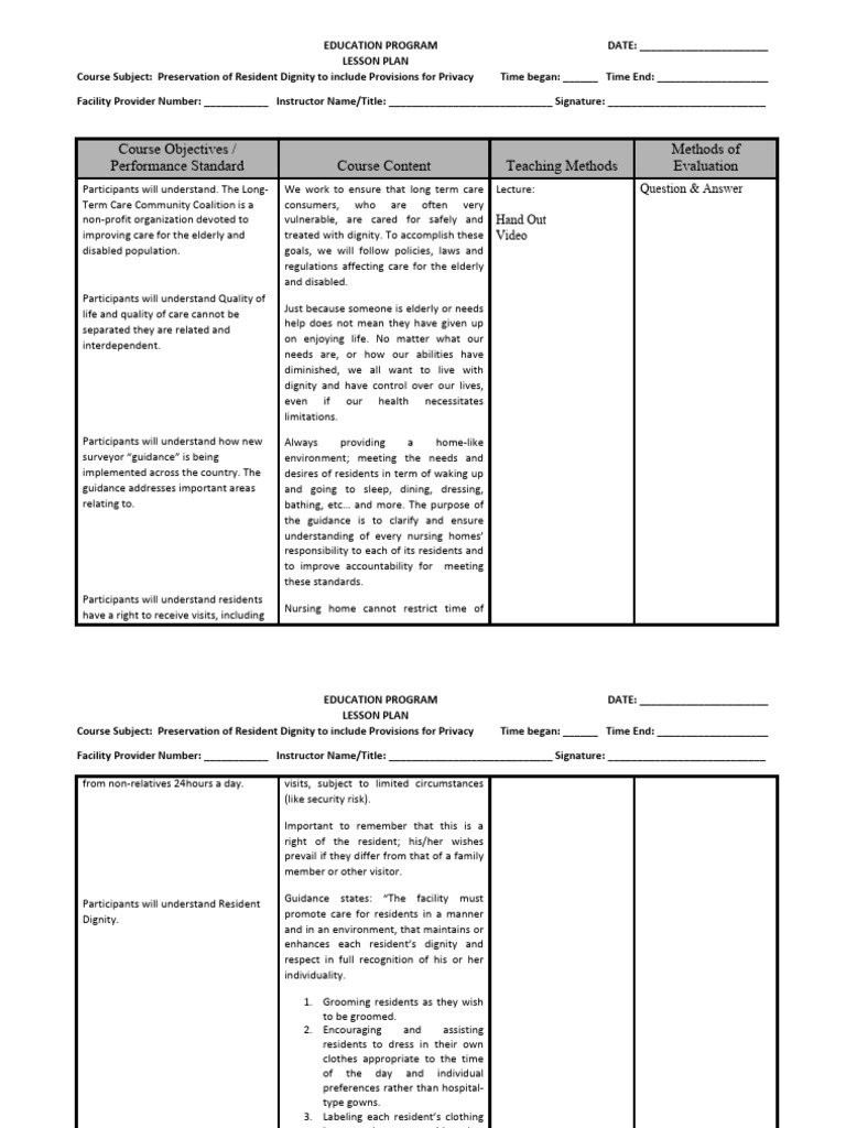 Resident Dignity To Include Provisions For Privacy Lesson Plan.p | PDF ...