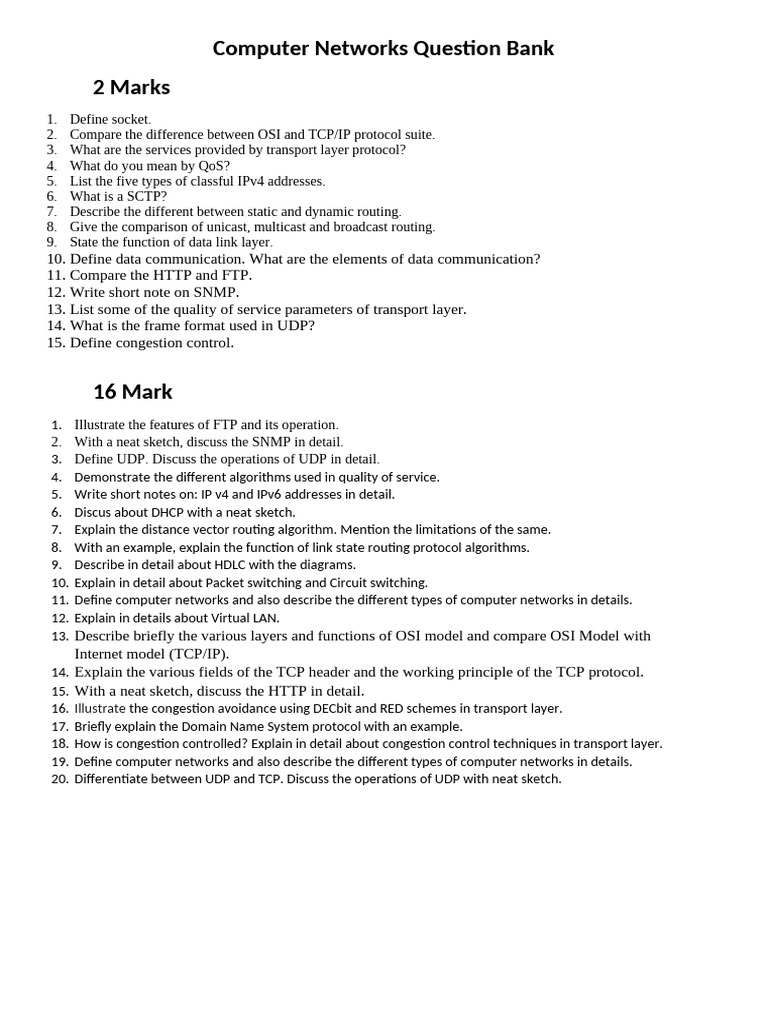 Computer Networks Question Bank | PDF