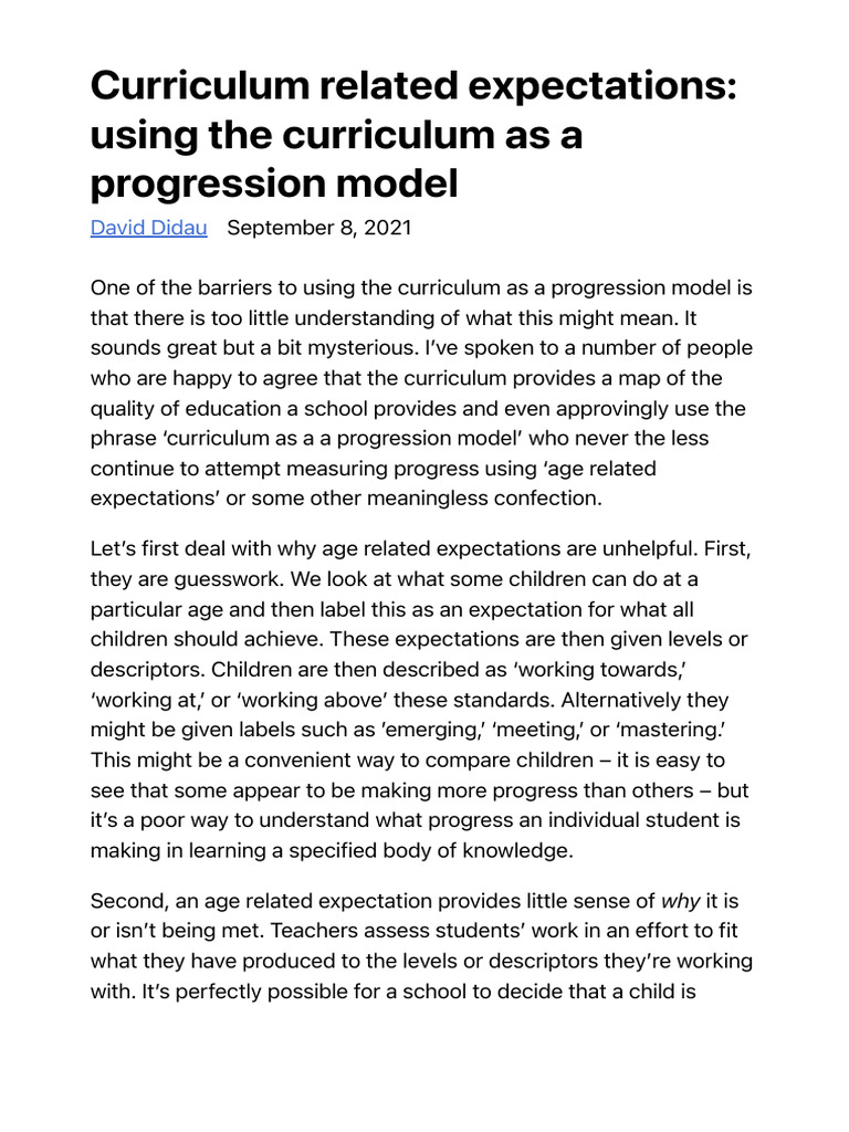 Curriculum related expectations- using the curriculum as a progression ...