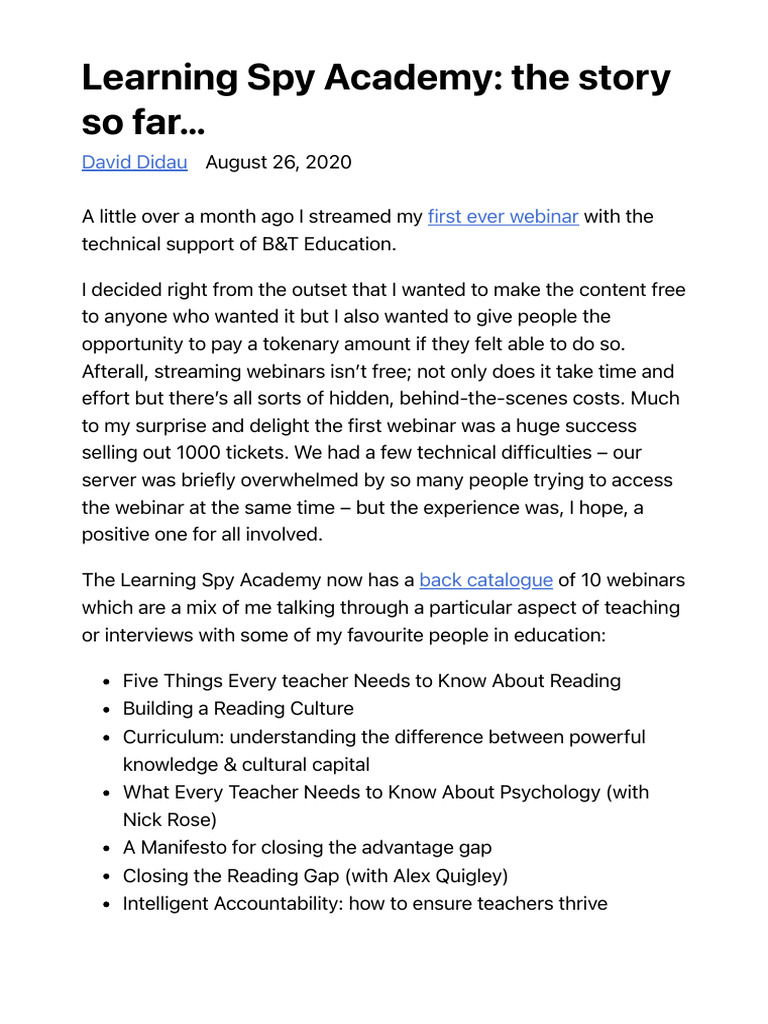 Learning Spy Academy - The Story So Far - David Didau | PDF