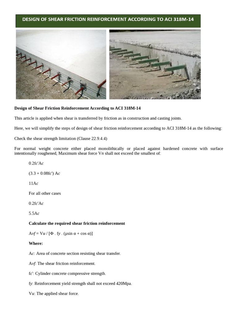 Design of Shear Friction Reinforcement According To ACI 318M | PDF | Friction | Reinforced Concrete