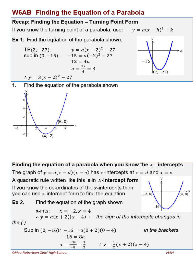 W6AB Finding The Equation of A Parabola | PDF