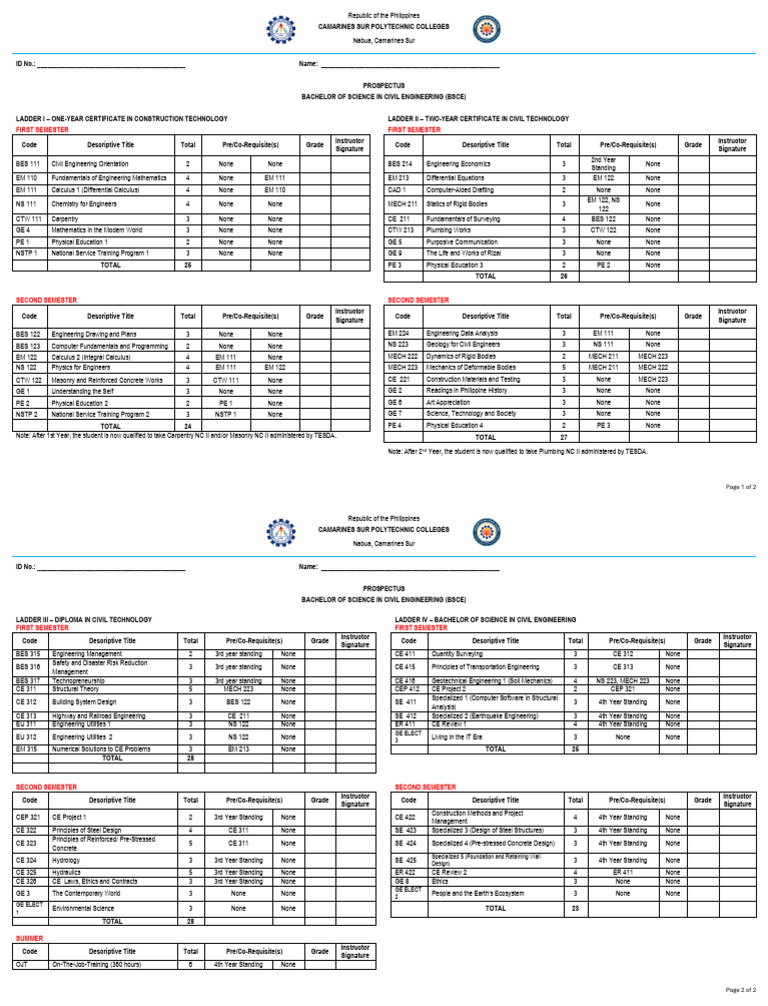 BSCE Prospectus 4th Year | PDF | Engineering | Civil Engineering