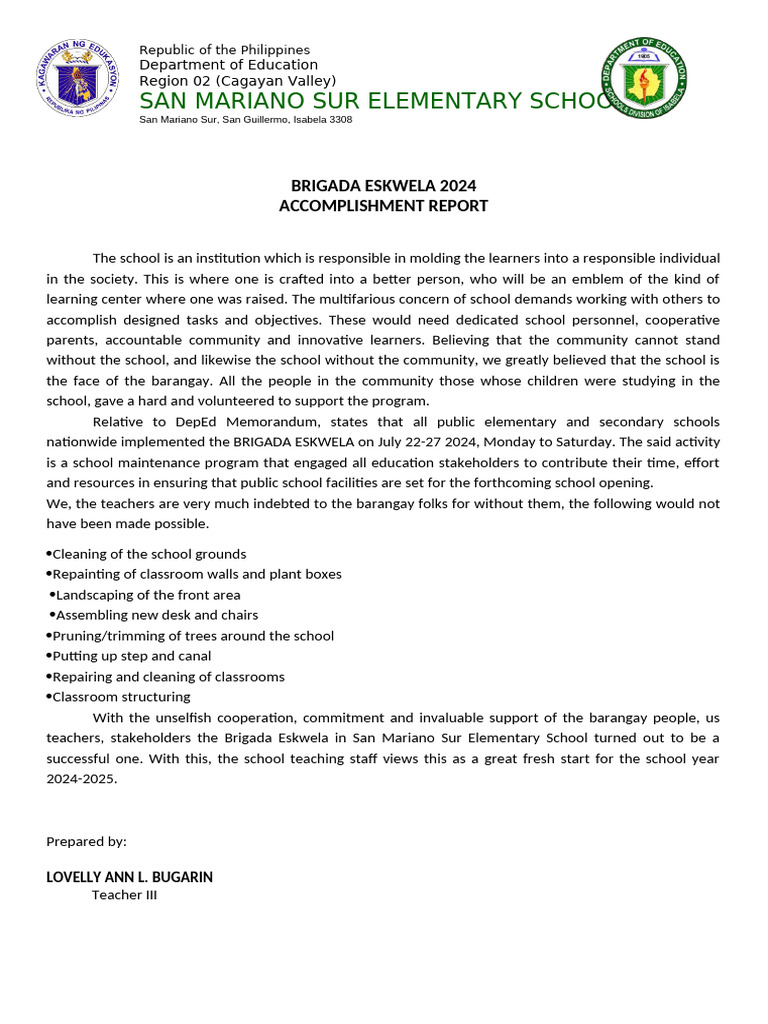 Brigada Eskwela Narrative Report 2024 | PDF | Classroom | Schools