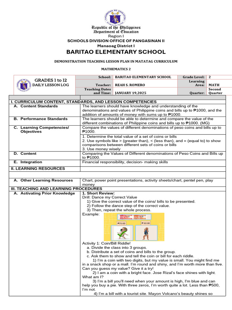 Grade 2 Play Money Lesson Plan | PDF | Curriculum | Coins
