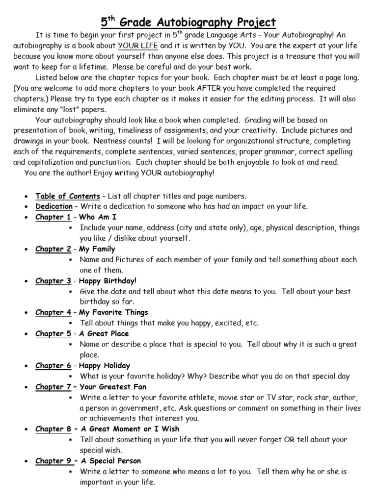 Sample Kid Autobiographical Project Outline | PDF | Books