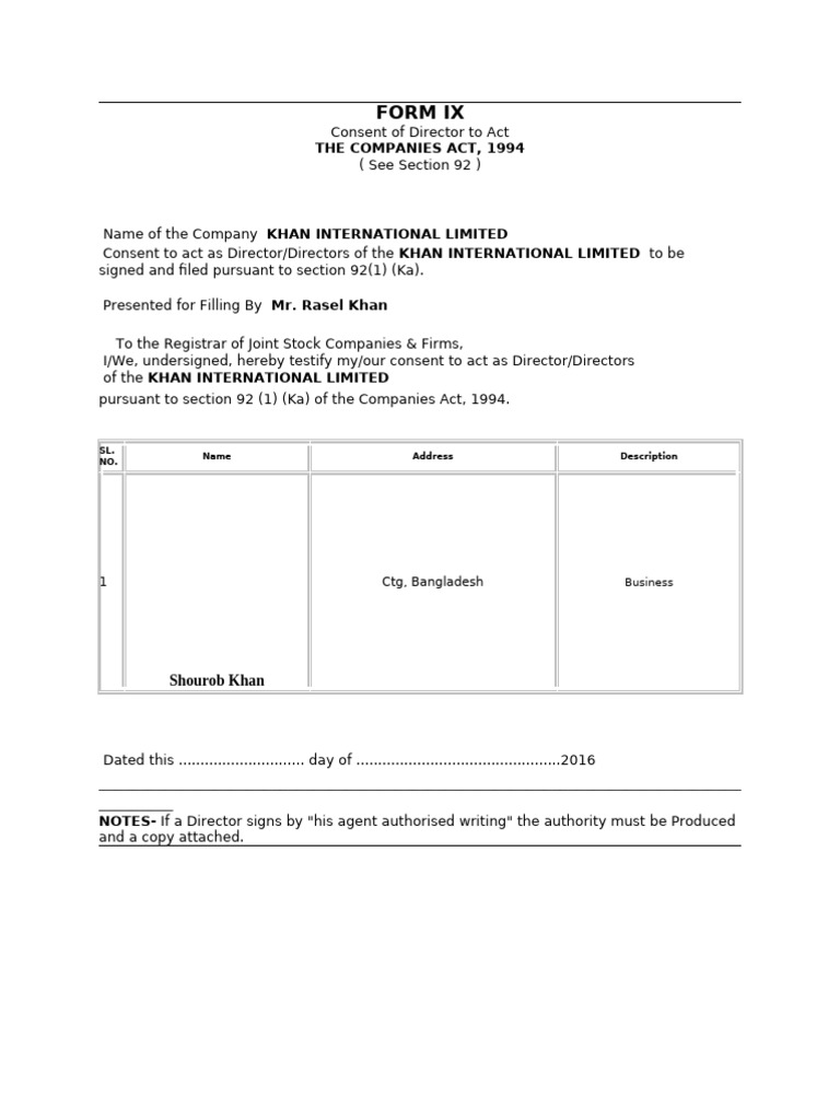 KHAN INTERNATIONAL LIMITED FORM-IX on 14.09.2016 | PDF