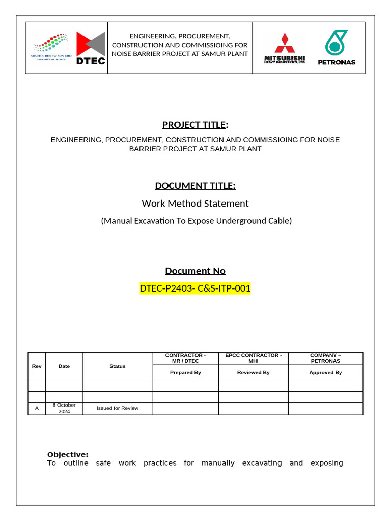 WORK METHOD STATEMENT- Manual Excavation To Expose Underground Cable-R1 | PDF | Personal ...