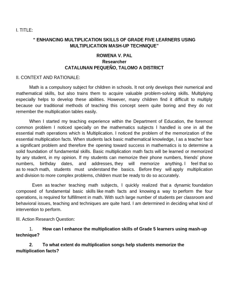 Enhancing Multiplication Skills of Grade Five Learners Using ...