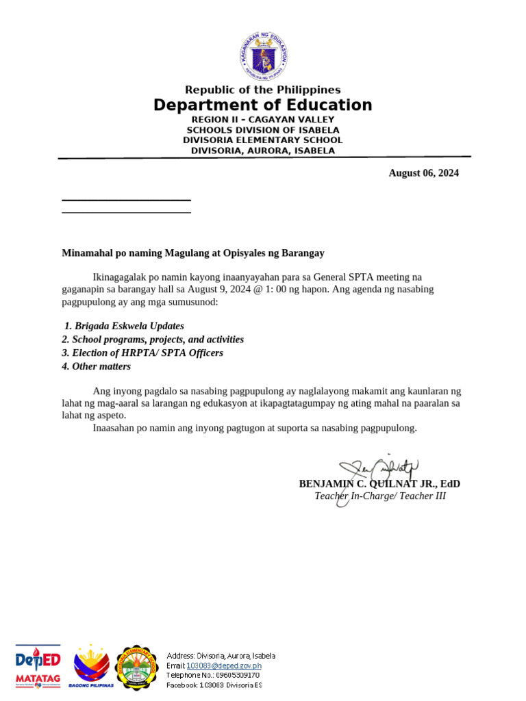 Letter For SPTA MEETING | PDF