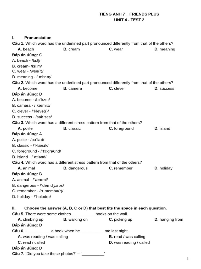 Tieng Anh 7 Friends Plus - Unit 4 - Test 2 (key) | PDF | Linguistics