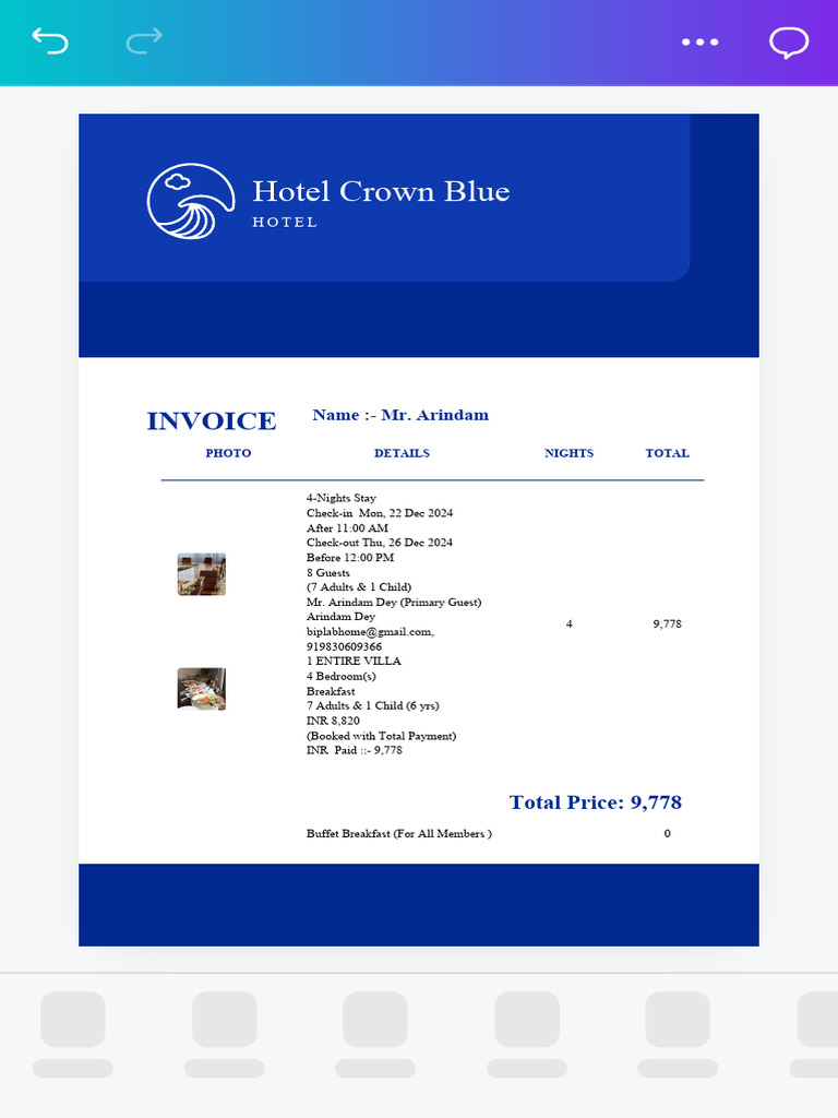 Blue Bold Modern Hotel Business Invoice - A4 | PDF