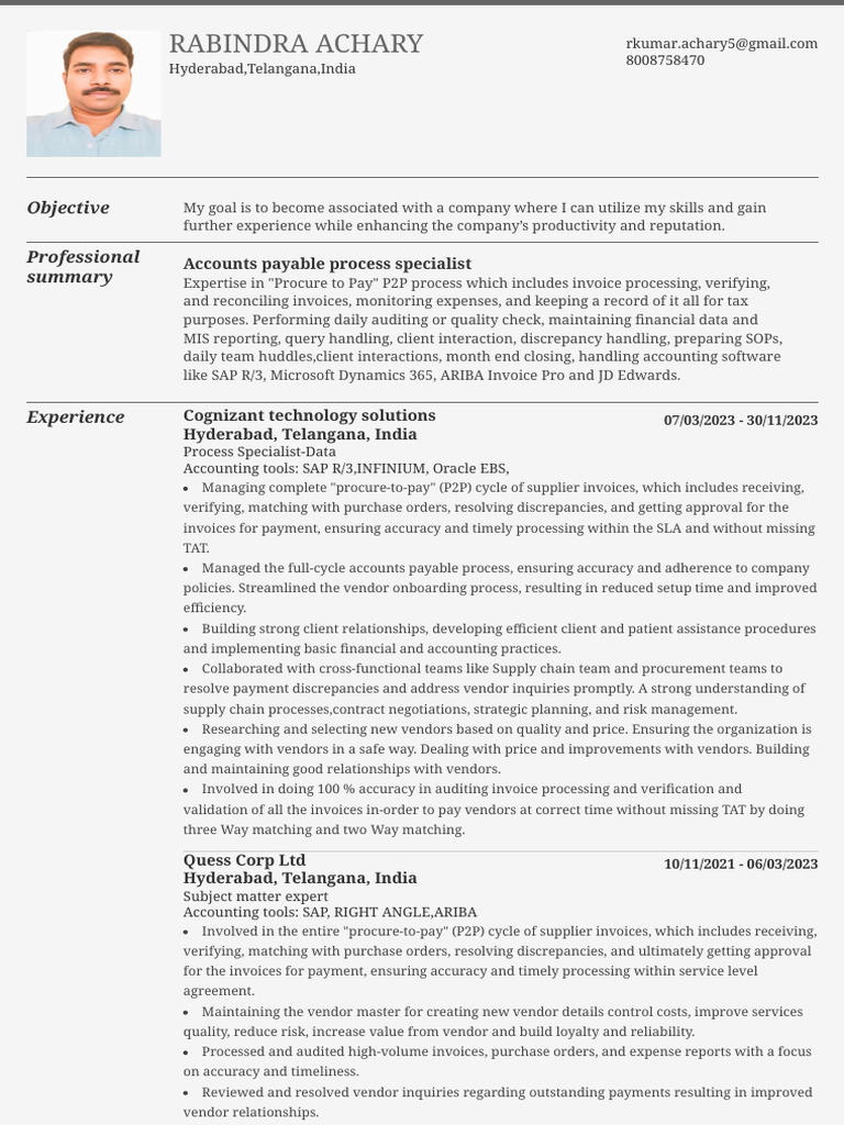 Resume For P2P Invoice Processing - RabindraAchary | PDF | Accounts ...