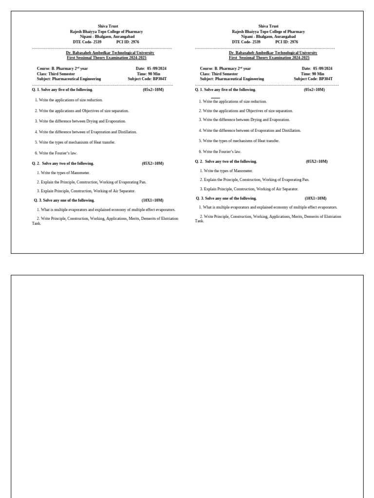 Pharmaceutical Engineering 1st Sessional Q Paper | PDF | Process Engineering | Chemical Processes