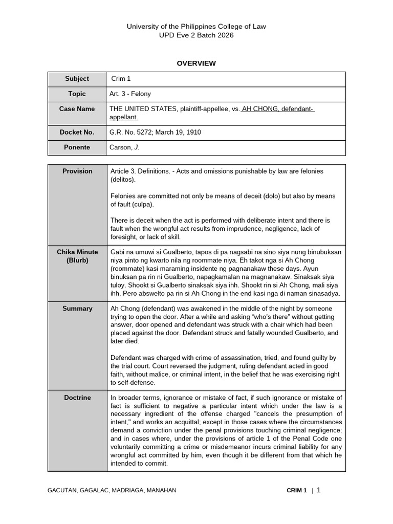Ah Chong Case: Self-Defense Ruling | PDF | Criminal Law | Misconduct