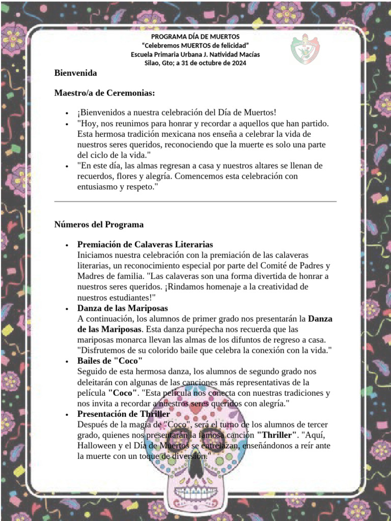 PROGRAMA ALTAR DE DÍA DE MUERTOS 31 de Cotubre de 2024 | PDF