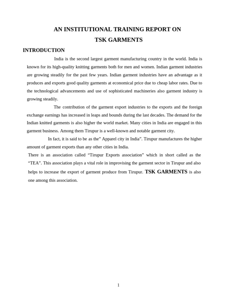 TSK Garments: Institutional Training Report | PDF | Sewing Machine | Sewing