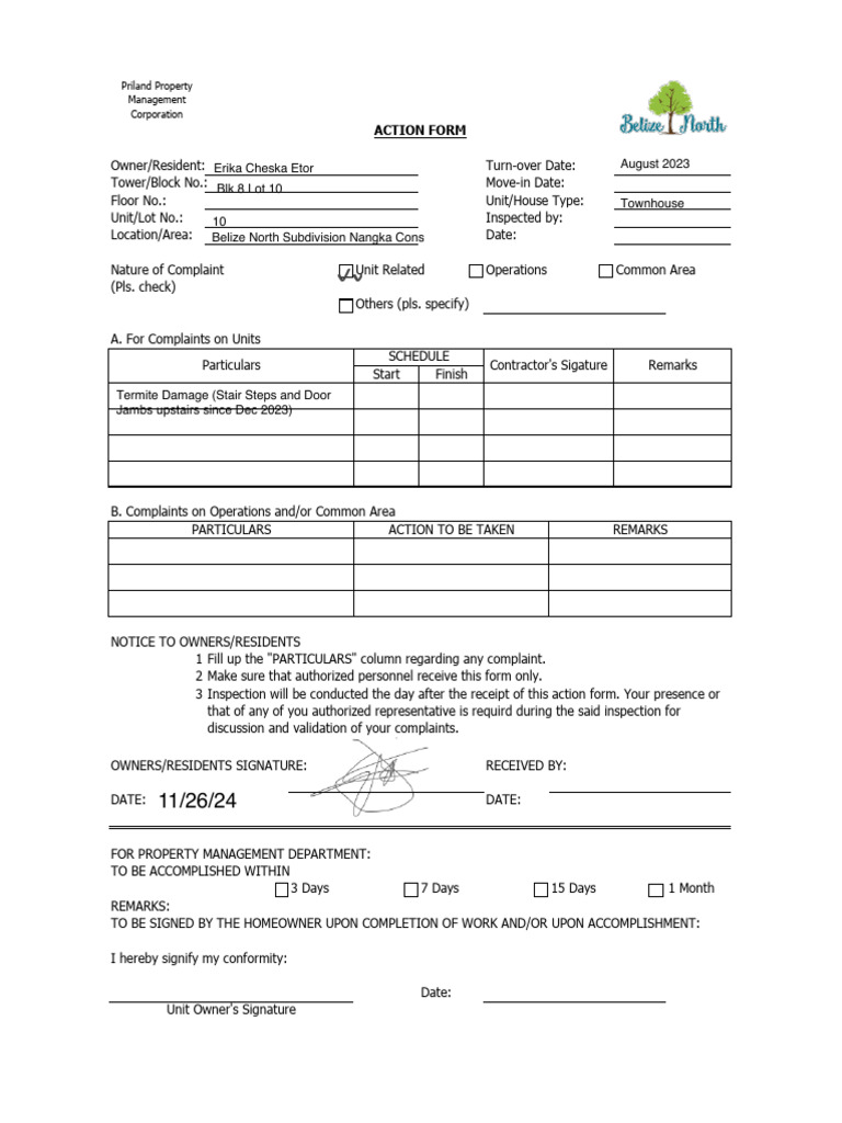 Action Form - Belize North | PDF