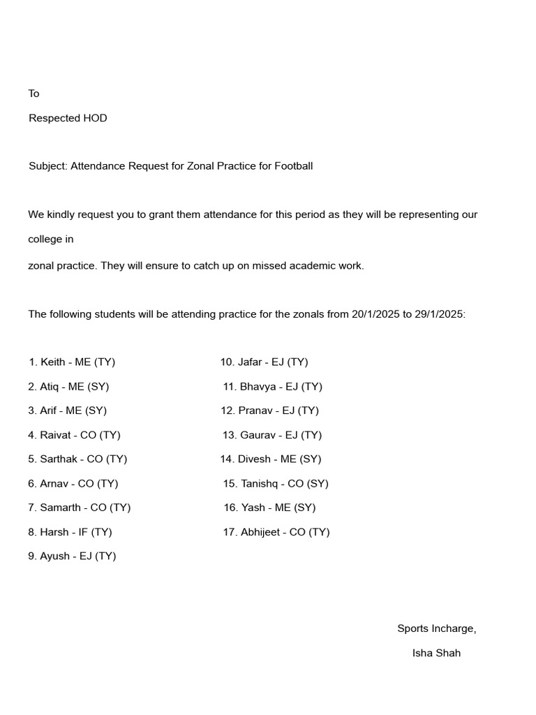 Attendance Request Zonal Practice | PDF