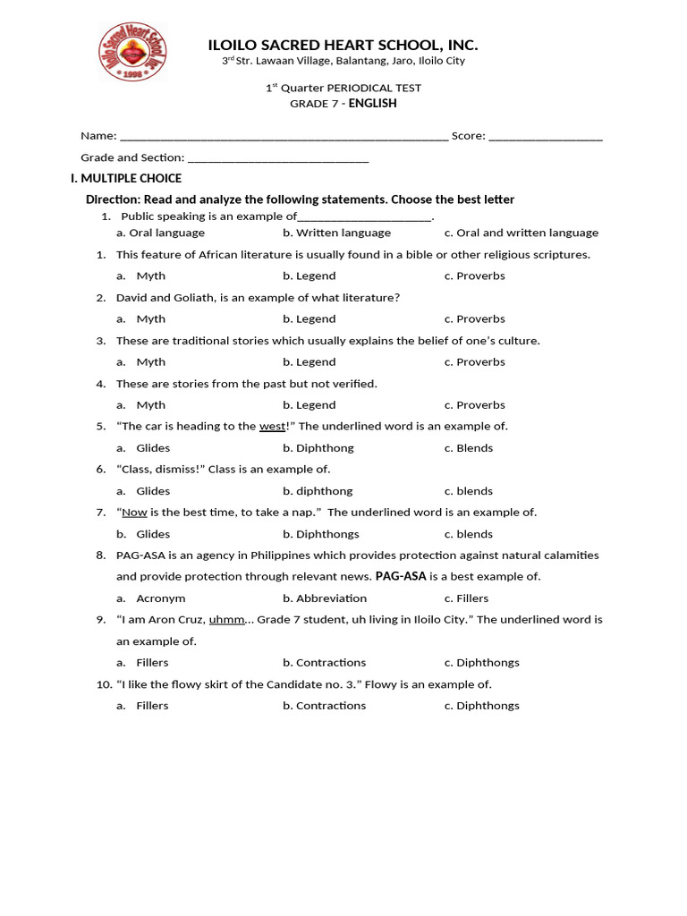 Grade 7 English Test | PDF