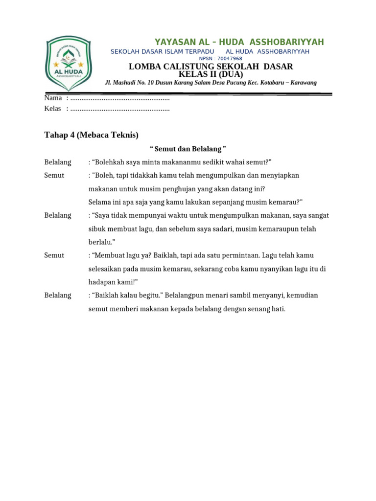 Lomba Calistung Kelas 2 SD Al Huda | PDF