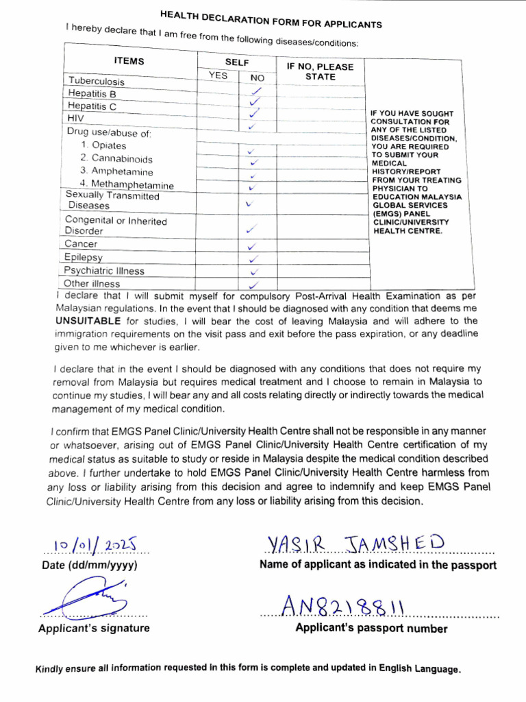 Lampiran B - Health Declaration Form For Applicant. | PDF