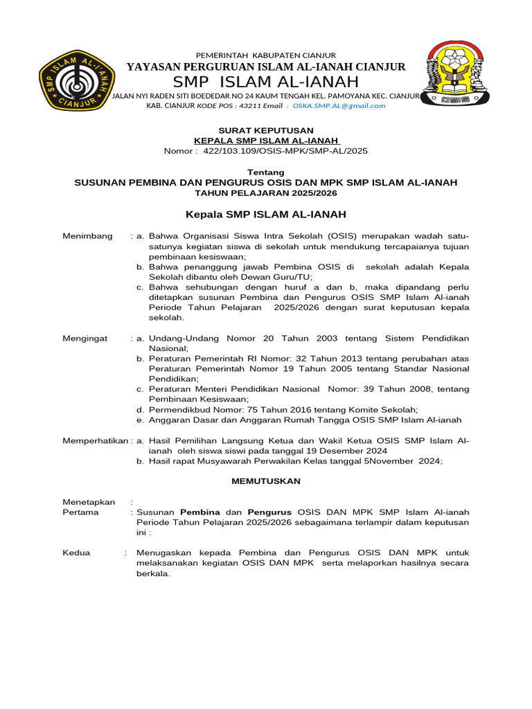 SK Pengurus Osis 2020 21 | PDF