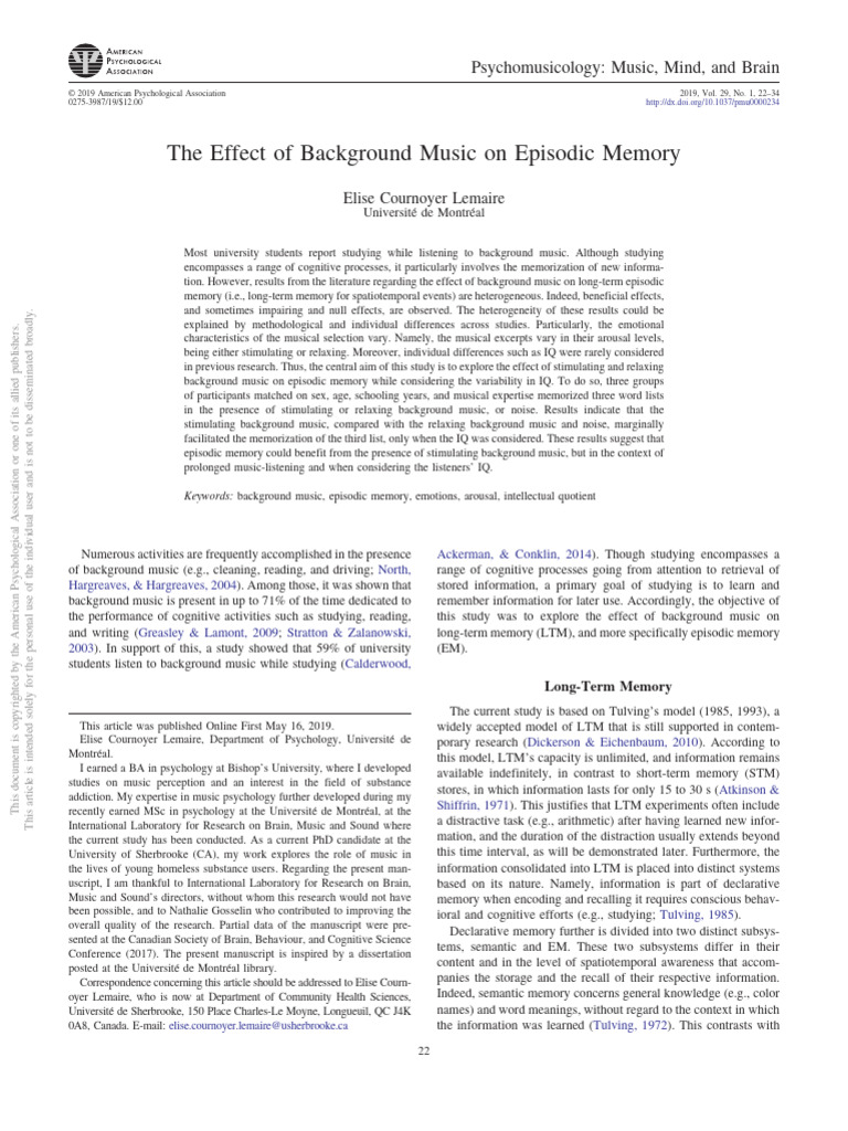 The Effect of Background Music On Episodic Memory | PDF | Recall (Memory) | Memory