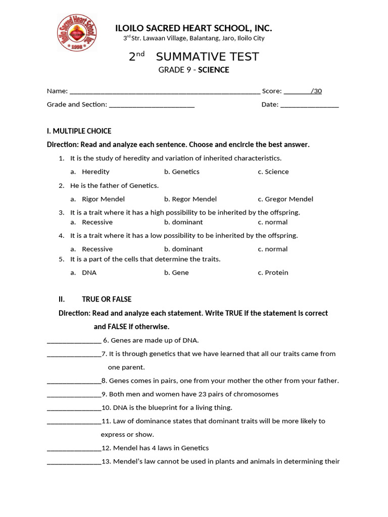 Grade 9 Science: Genetics Test | PDF | Genetics | Dominance (Genetics)