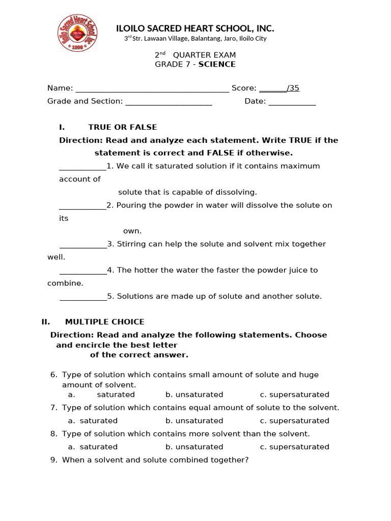Grade 7 Science 2nd Summative Test | PDF | Homogeneous Chemical ...