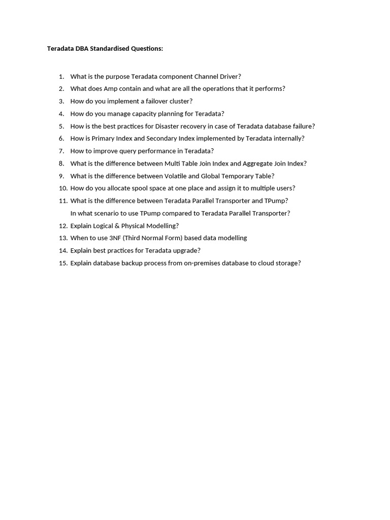 Teradata DBA - Questions v2.0 | PDF