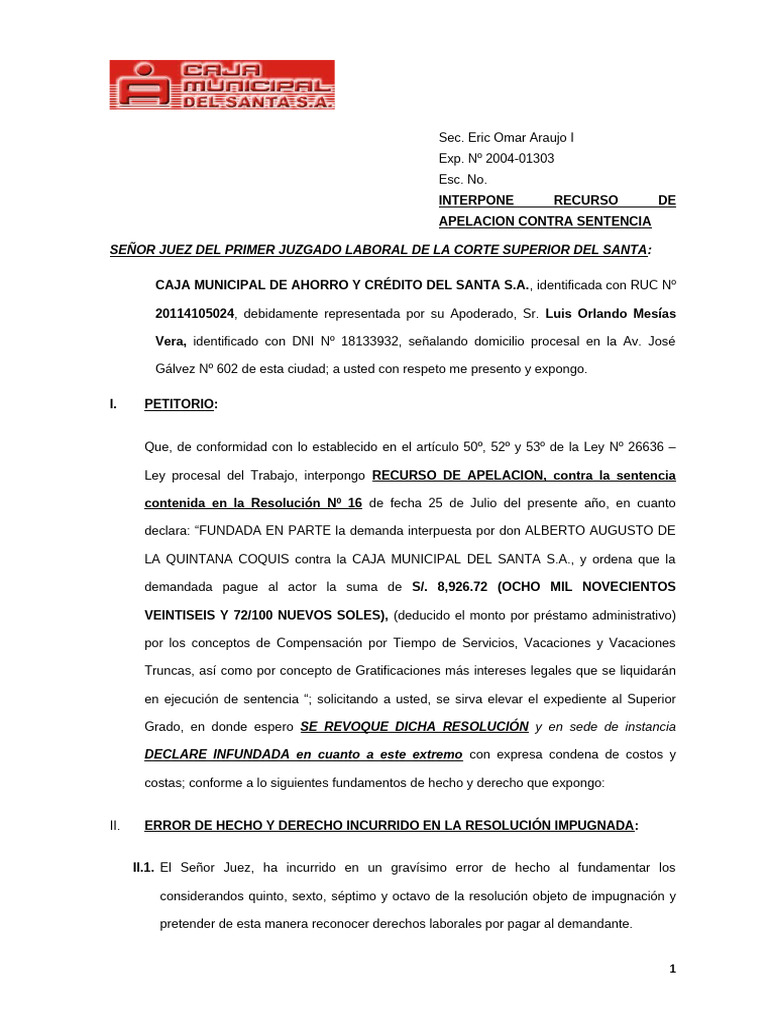 Apelaci n Alberto de La Quintana | PDF | Salario | Sentencia (ley)