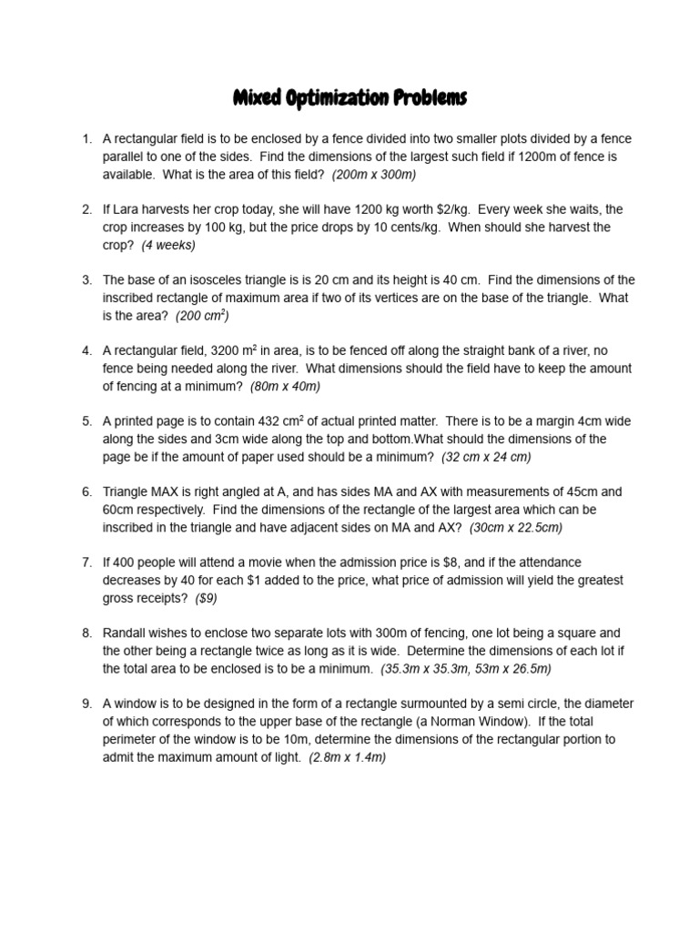 08A Mixed Optimization Problems - MCV4U | PDF