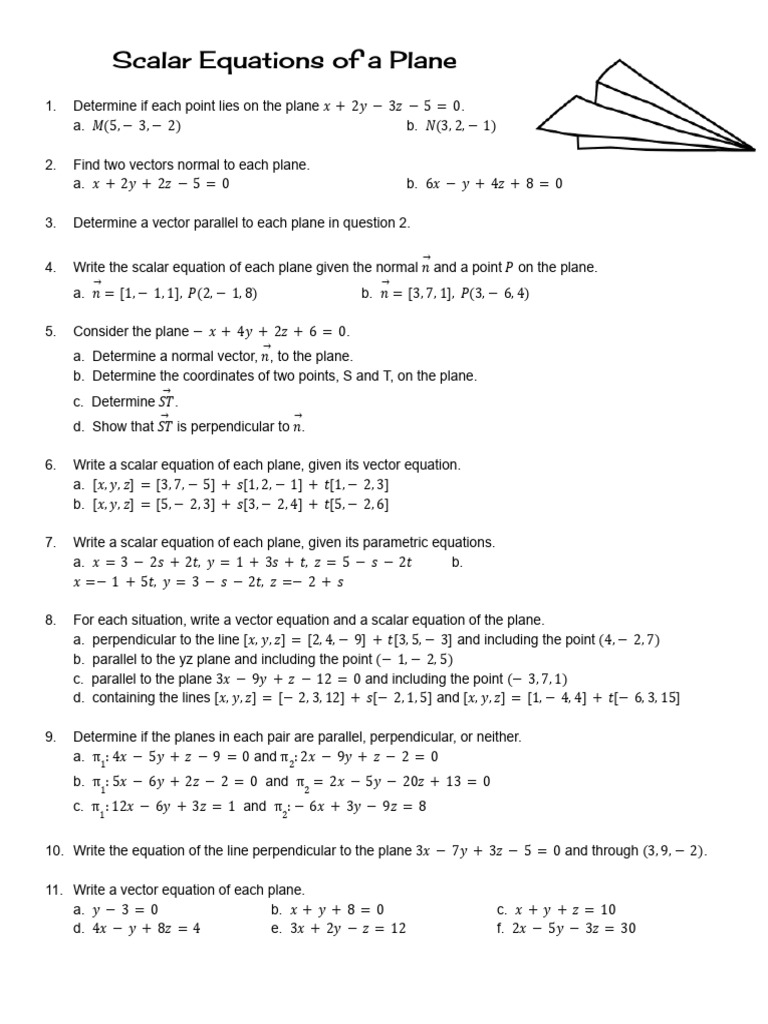 07B Scalar Equations of Planes Worksheet | PDF | Euclidean Vector | Angle