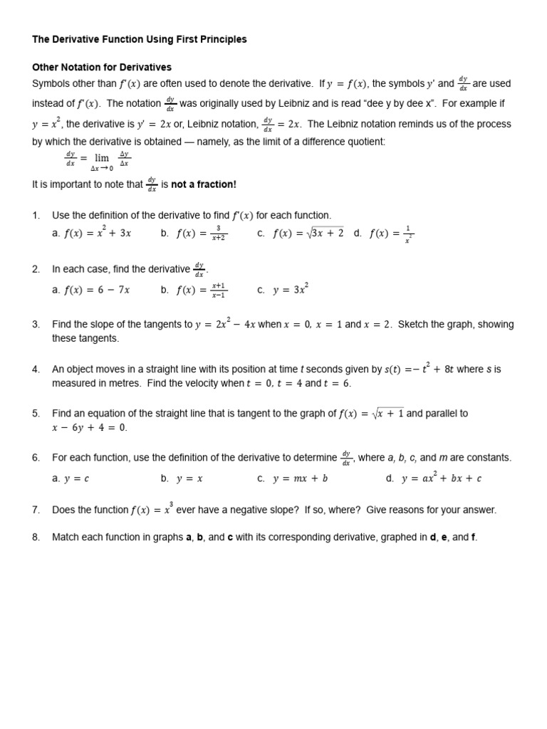 08B the Derivative Function Using First Principles Worksheet | PDF