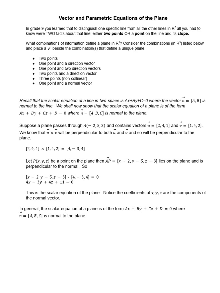 06A Vector and Parametric Equations of The Plane (Lesson) | PDF ...