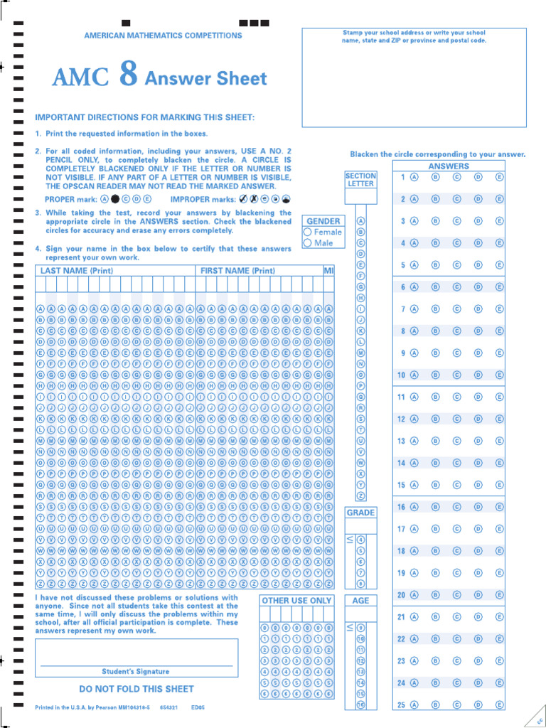 AMC 8 Answer Sheet | PDF