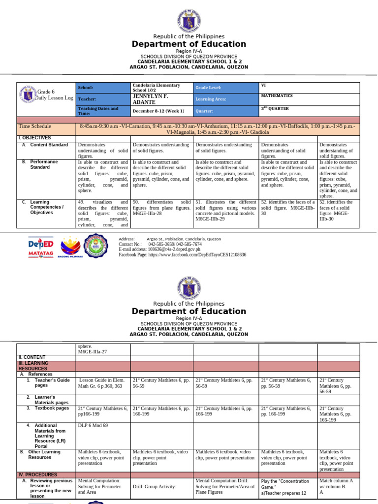 Q3-W1-MATH-DLL | PDF | Shape | Area