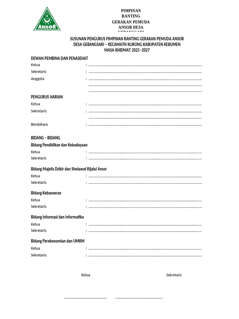 Blangko Susunan Pengurus Ansor Ranting | PDF
