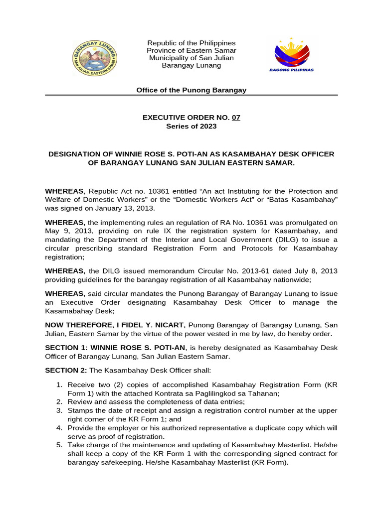 Eo Kasambahay Desk Officer | PDF | Justice | Crime & Violence
