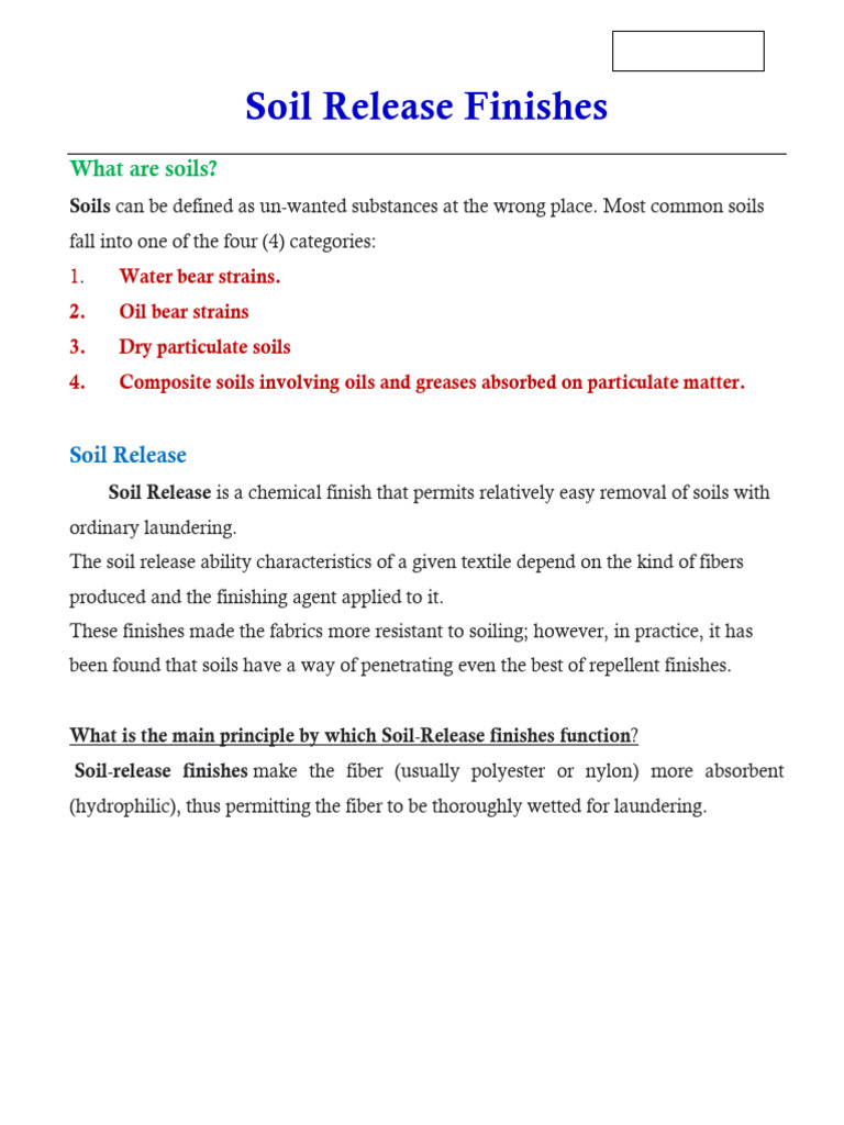 Lecture # 3. Soil Release Finishes | PDF | Textiles | Fibers