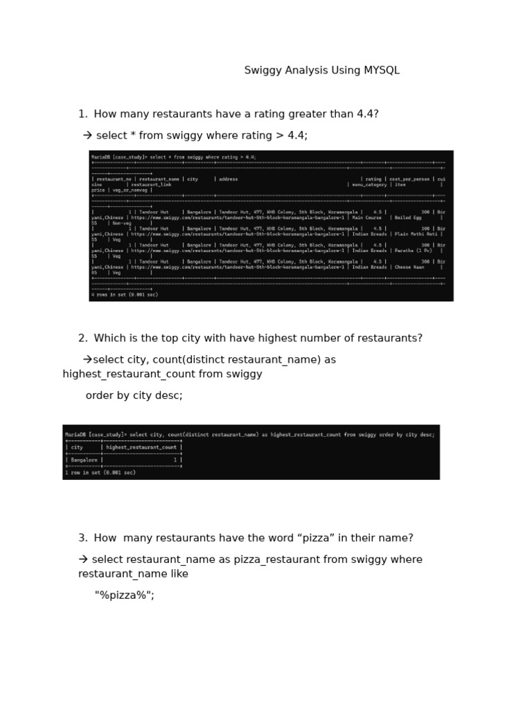 Swiggy Analysis Using MYSQL Report | PDF | Gastronomy | Restaurants