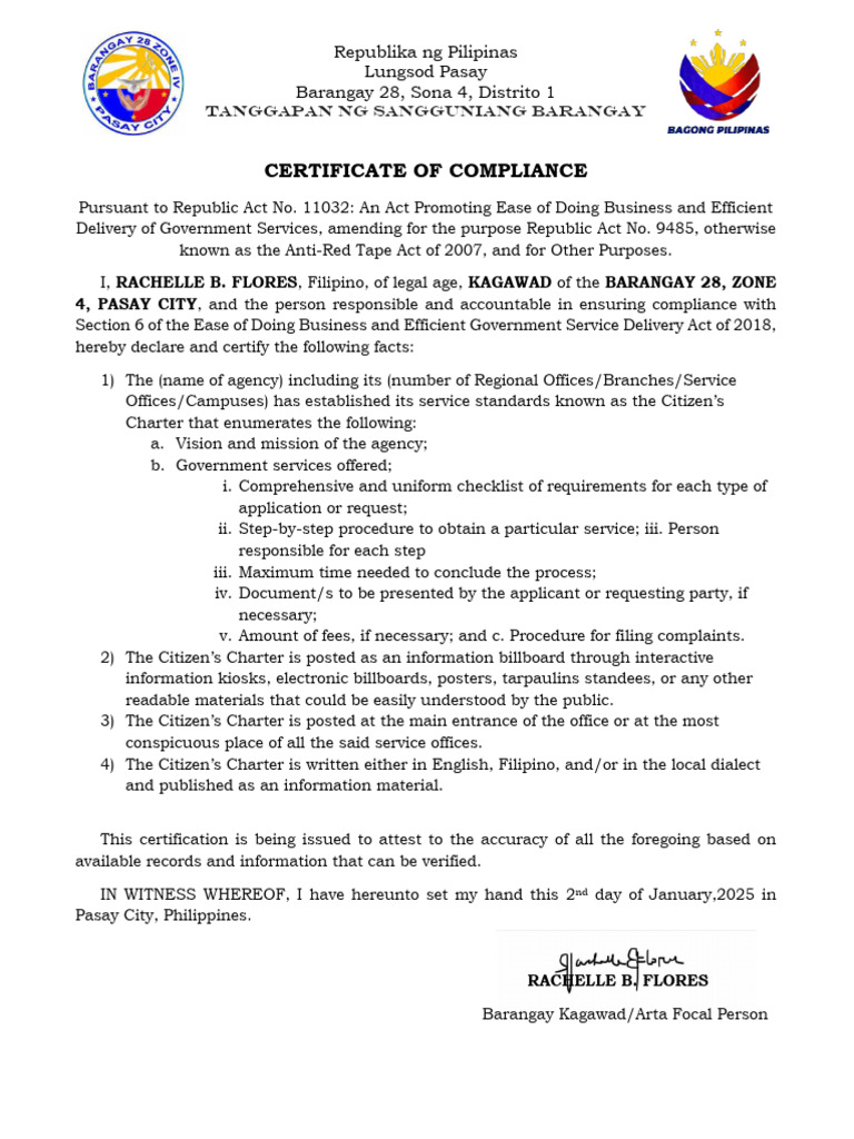 ARTA Compliance Certificate for Barangay 28 | PDF | Justice | Crime ...