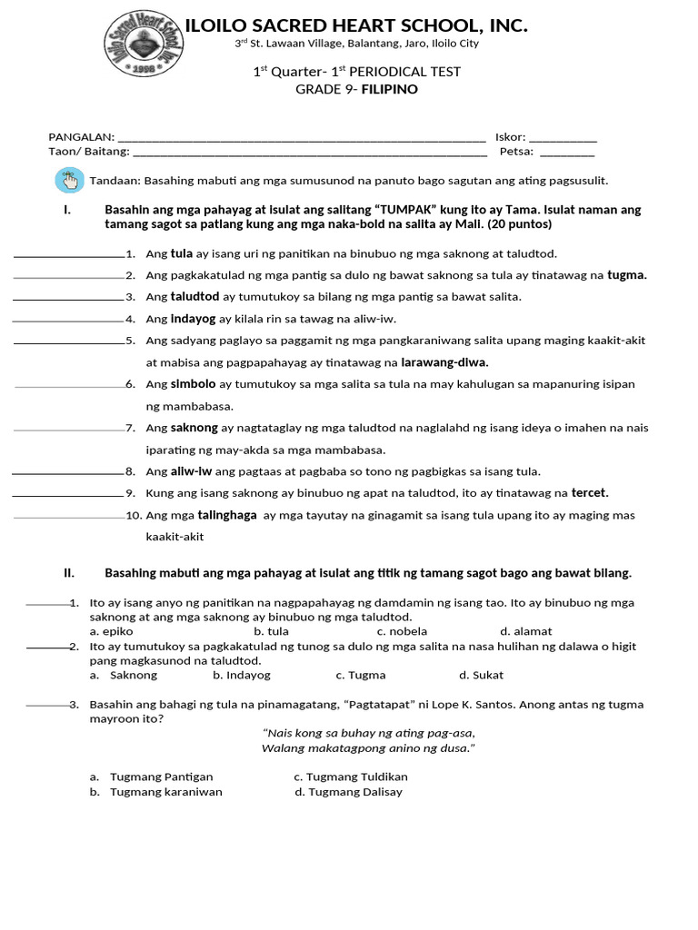 1st Quarter - Periodical Exam FILIPINO 9 | PDF