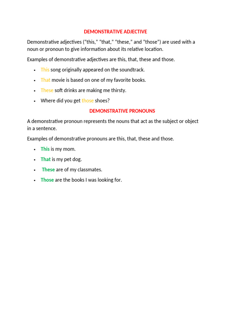 Notes On Demonstrative Adjectives and Demonstrative Pronouns | PDF