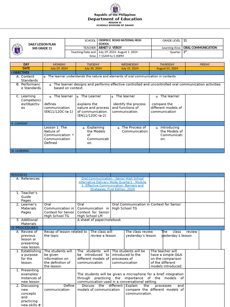 ORAL-COMM-DLL-WEEK-1 | PDF | Communication | Learning