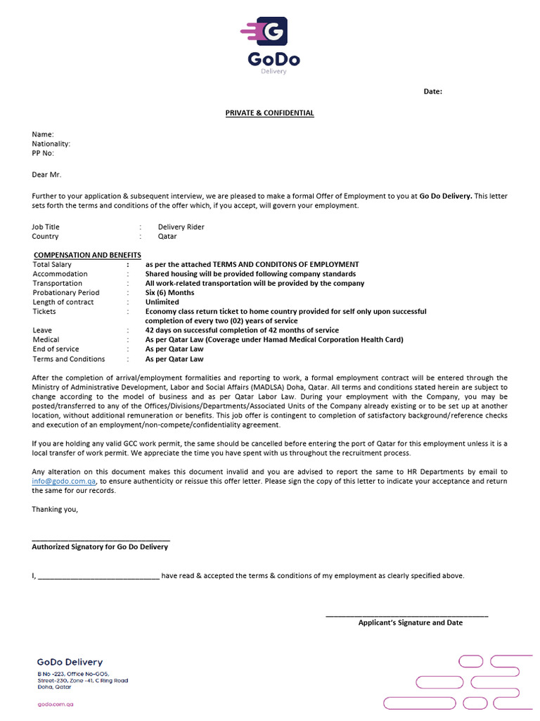 Go Do Delivery Job Offer in Qatar | PDF | Employment | Expense