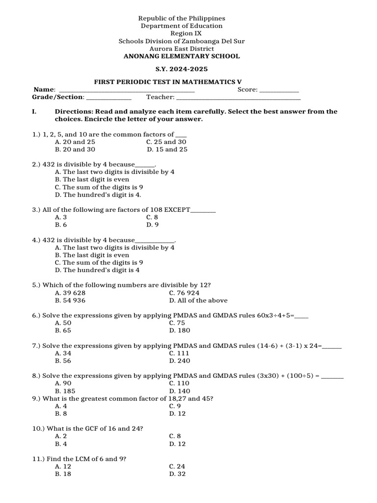 1st Grading Mathematics 2024-2025 | PDF | Mathematics