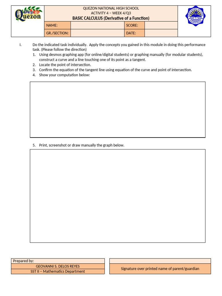 Basic Calculus: Tangent Line Activity | PDF